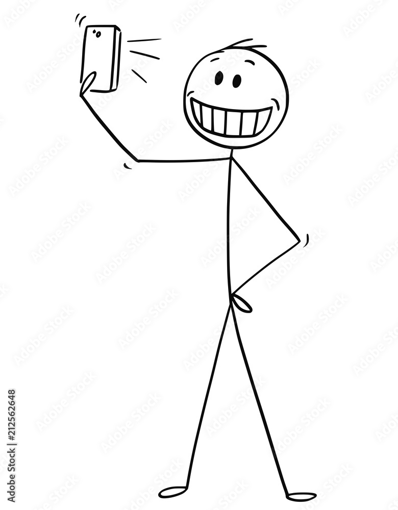 Cartoon stick drawing conceptual illustration of man with big ...