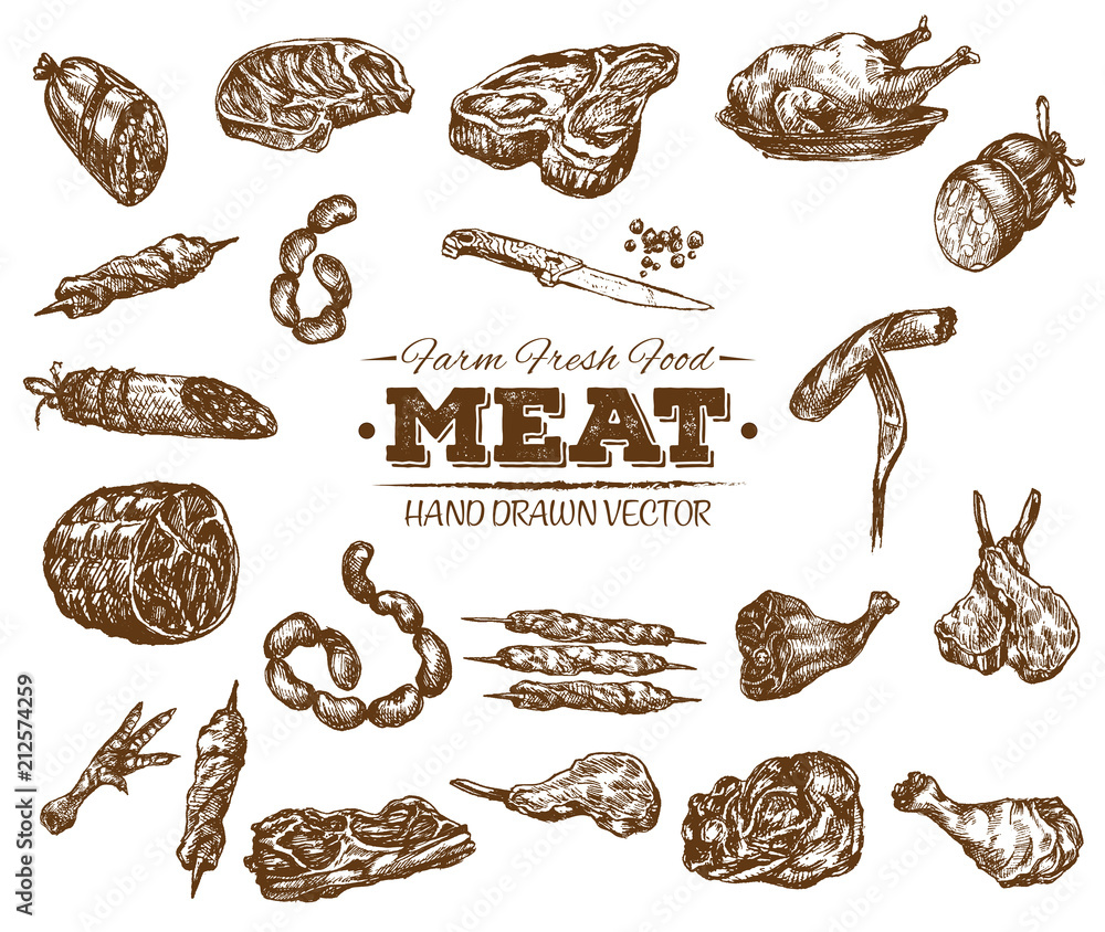 Collection of hand drawn meat sketch Stock Vector | Adobe Stock
