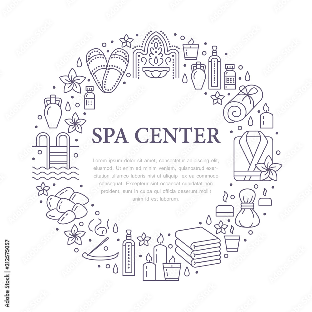 Spa center banner illustration with flat line icons. Essential oils ...