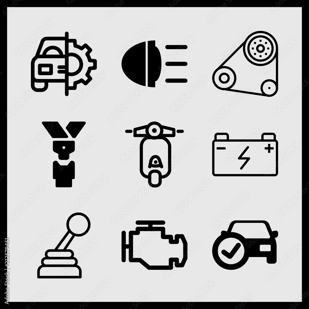 Simple 9 icon set of car related battery, engine, malfunction indicador ...