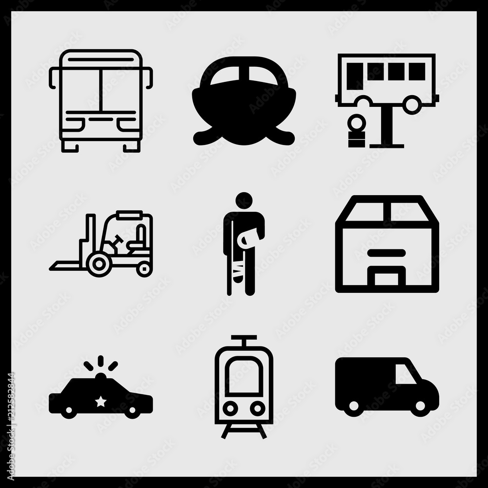 Simple 9 icon set of car related train, bus, bus in reparation and box ...