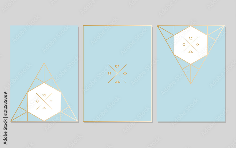 Set of Trendy Chic pastel colored cards with Gold geometric shapes ...