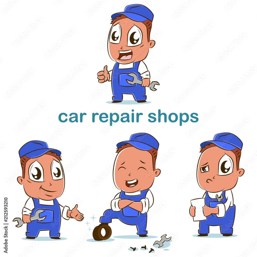 Car repair shop vector set of auto car mechanics in different poses ...