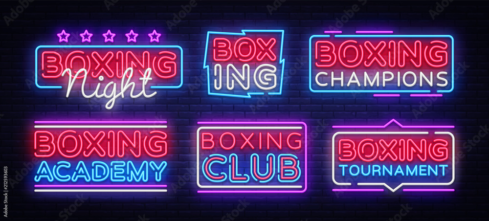 Boxing neon signs collection vector. Boxing Night text Design template ...