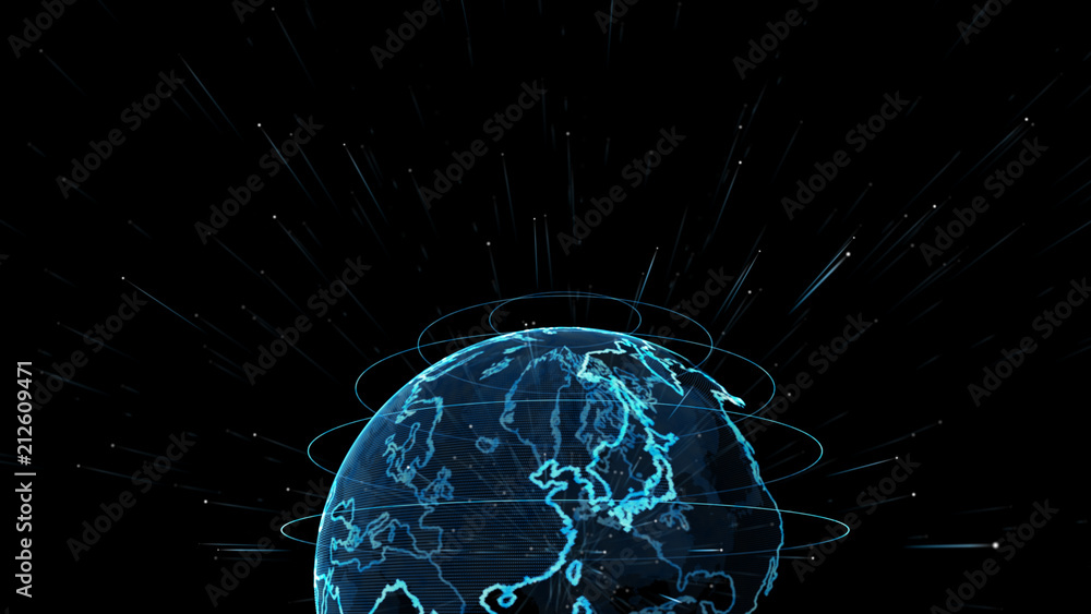 Earth connections, Rotation of glossy planet with glowing particles ...