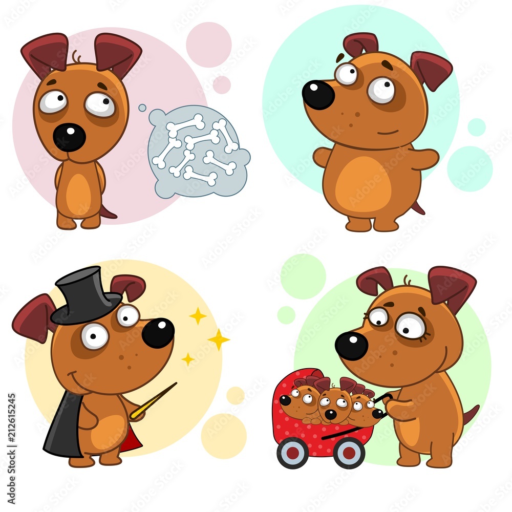 A set of cartoon illustration icons for design and children with dogs ...