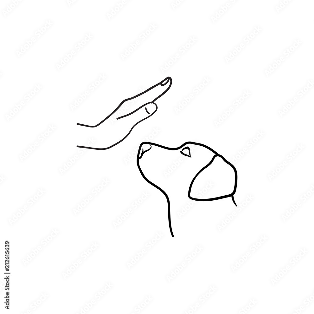 Dog training hand drawn outline doodle icon. Puppy with human arm as ...