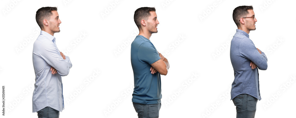 Handsome young man wearing different outfits looking to side, relax ...