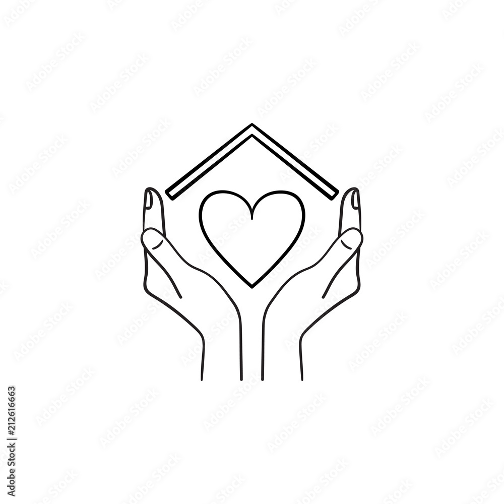Sweet home hand drawn outline doodle icon. Hands holding heart under ...