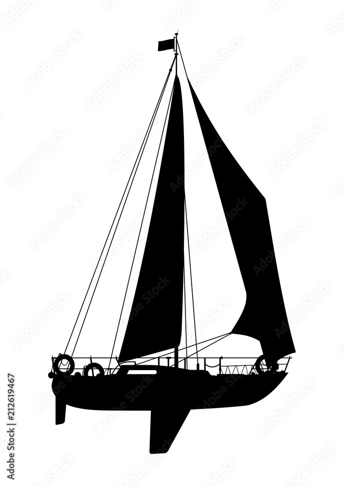 Side view of a sailing boat. Black silhouette of a yacht on a white ...