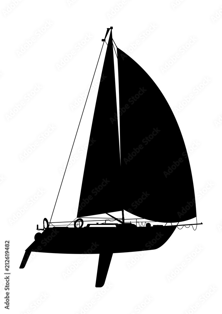Side view of a sailing boat. Black silhouette of a yacht on a white ...