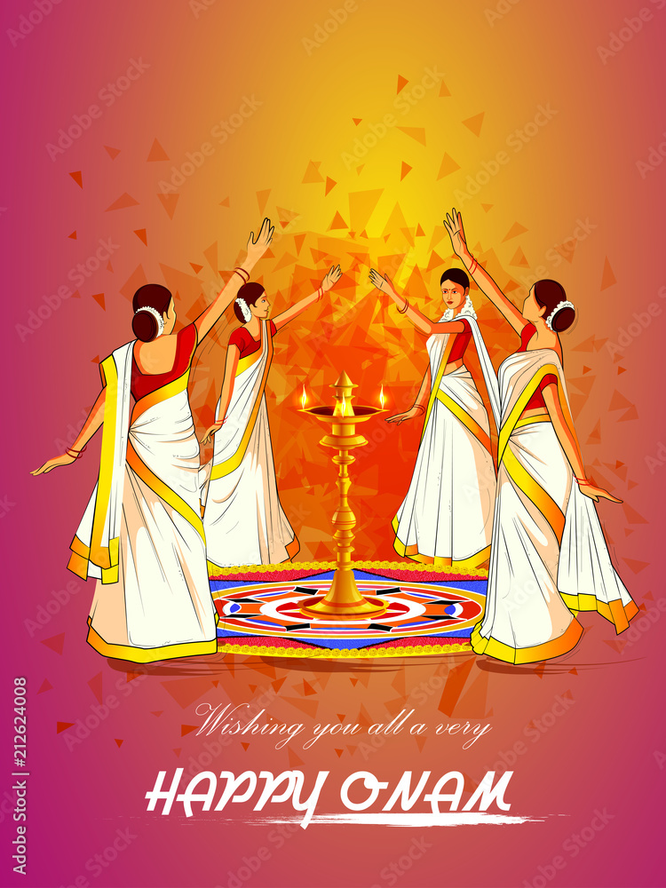 Woman performing Thirvathirakali dance for Happy Onam festival of South India Kerala background ...