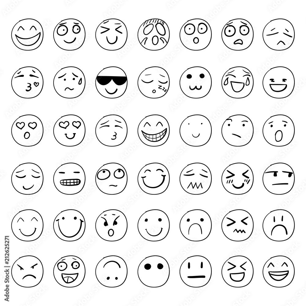Vector Hand Drawn Smiley Faces Set, Black Outline Drawings Isolated ...