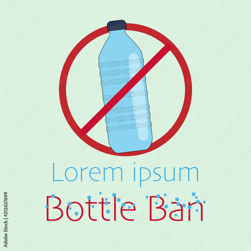 Ban symbol and outline flat icon of plastic bottle, typographic design ...