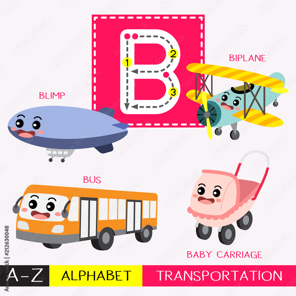 Letter B uppercase children colorful transportations ABC alphabet ...