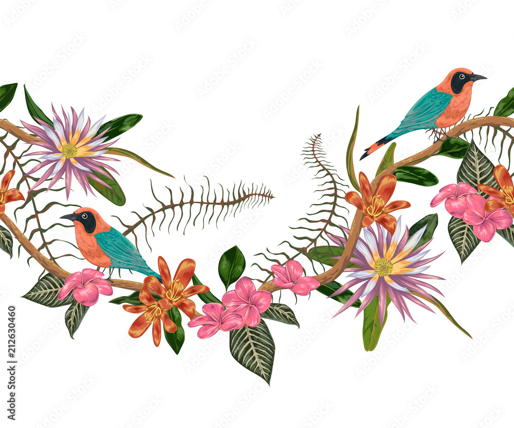 Seamless border with tropical birds, plants and flowers. Exotic flora ...