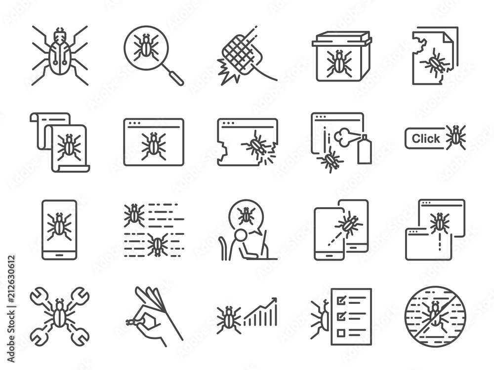 QA and Bug fix icon set. Included icons as bug report, computer virus ...