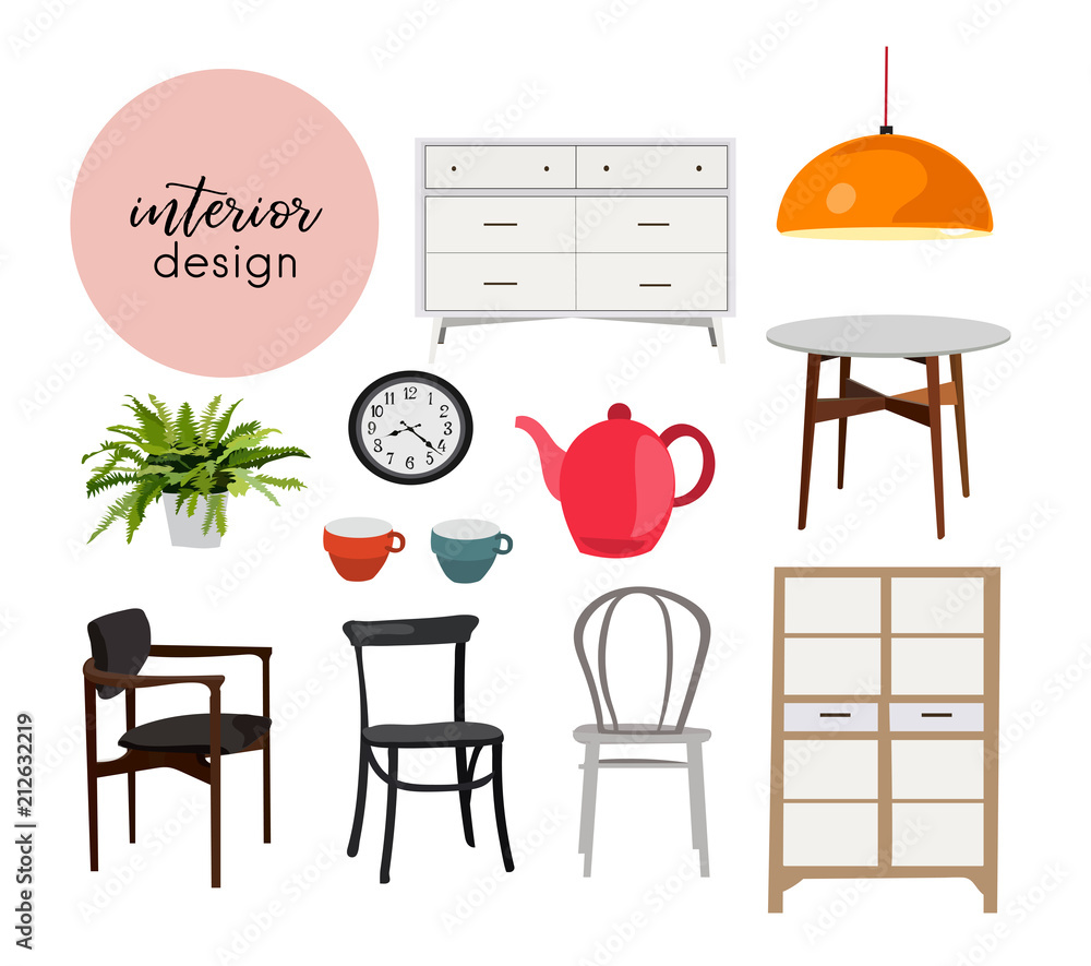 vector mid century modern illustration. elements collection set. 1960s ...