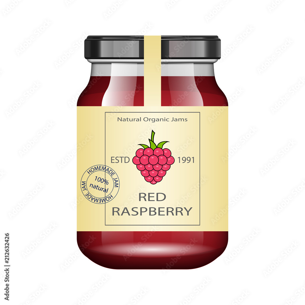 Glass jar with raspberry jam and configure. Vector illustration ...