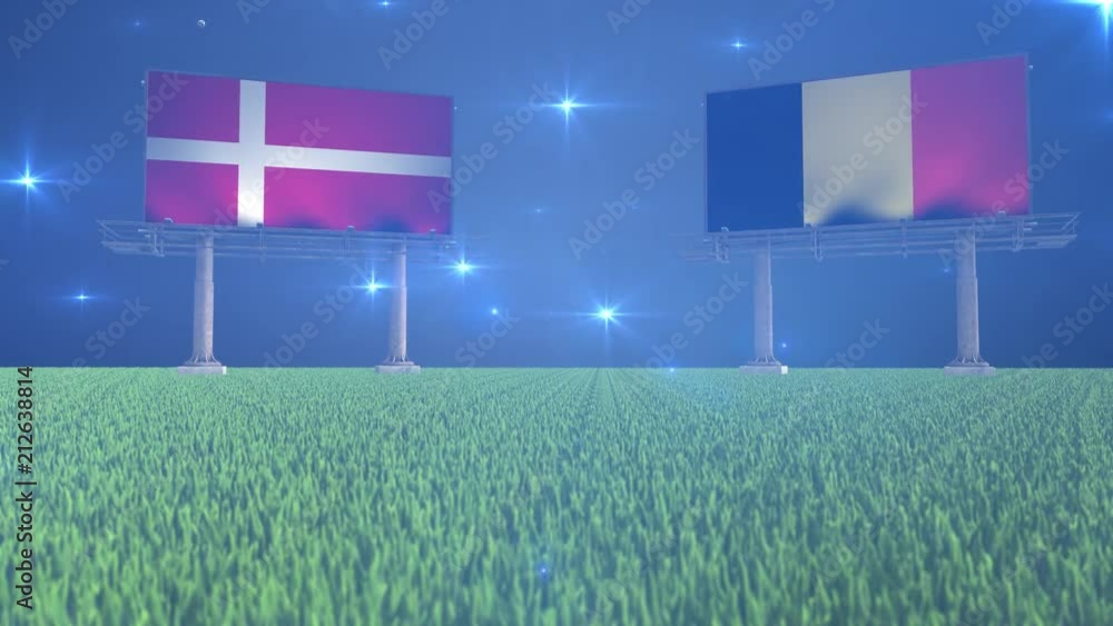 3d animated soccer ball bouncing in front of billboards with the flags ...
