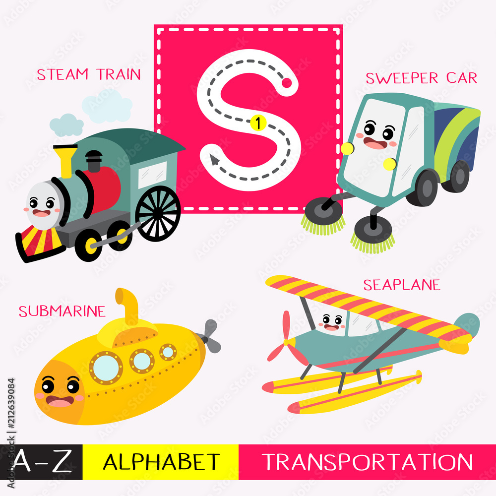 Letter S uppercase children colorful transportations ABC alphabet ...
