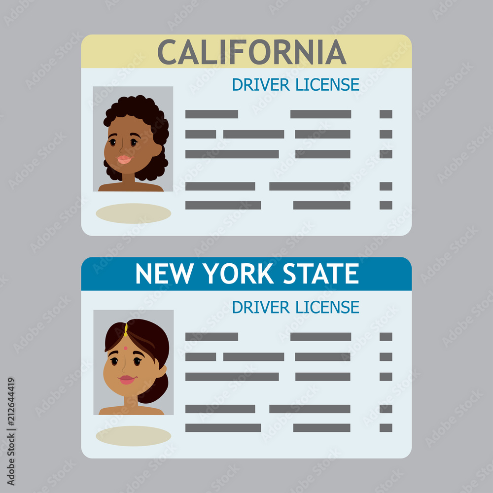 Two cartoon driver license with african american and indian female ...