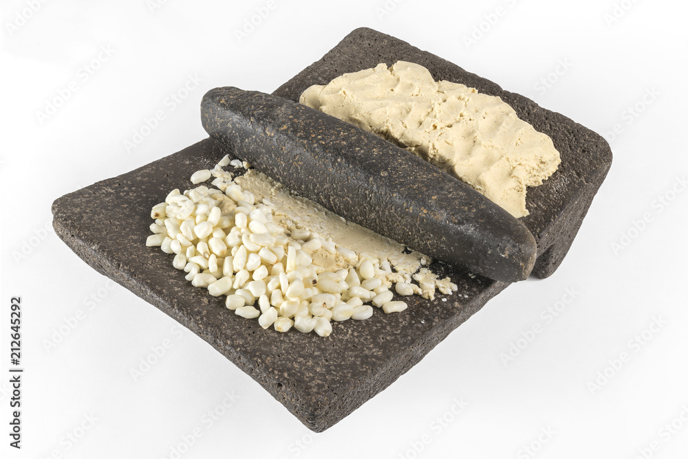 Mexican flat mortar and pestle called Metate. Grinding utensil used to ...