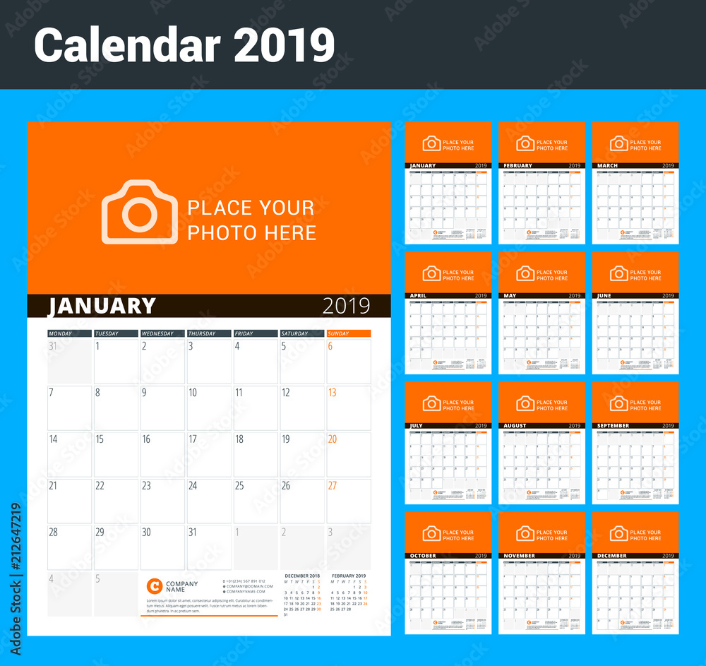 Wall Calendar Planner for 2019 Year. Vector Design Print Template with ...