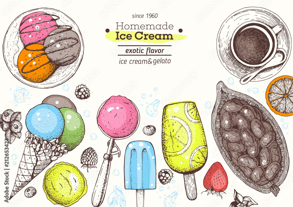 Ice cream top view frame. Hand drawn food elements with ice cream ...