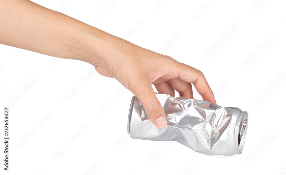 Hand with Crumpled empty blank beer can garbage,can recycle isolated on ...