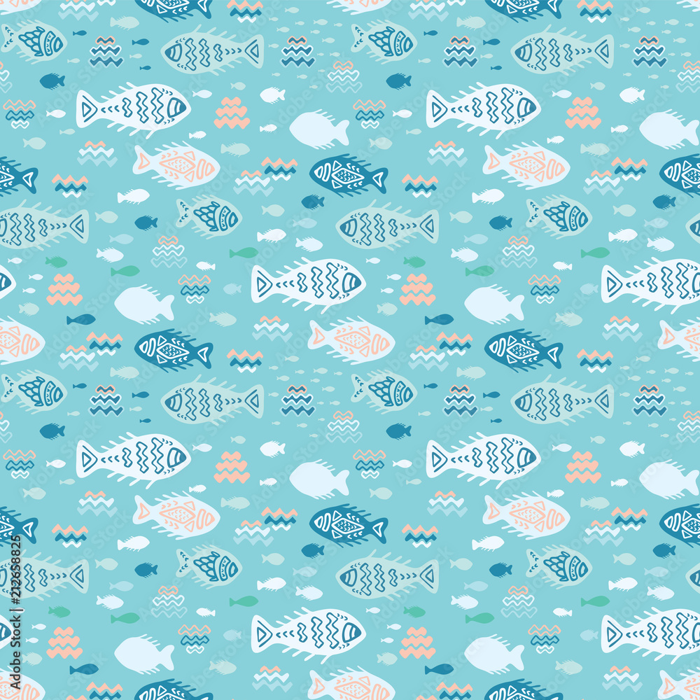 Pastel Tiny Fish Doodles, Seamless Animal Vector Pattern Background ...