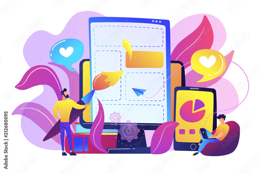 People drawing web page elements on the smartphone and LCD screen ...