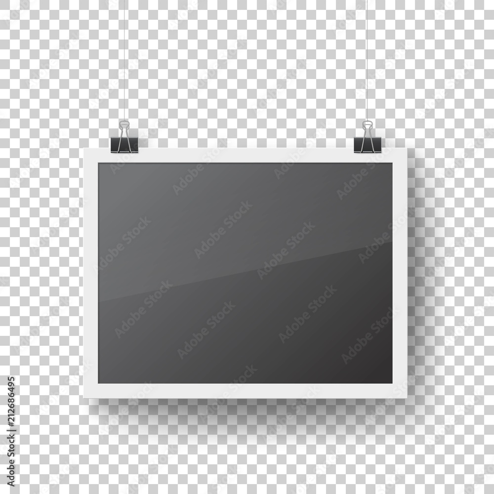 Realistic blank photo frame hanging on binder clips. Mockup picture ...