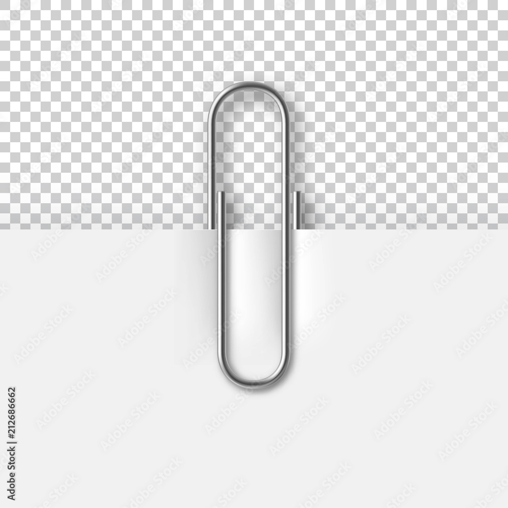 Realistic metal paper clip on white paper sheet. Office stationery ...