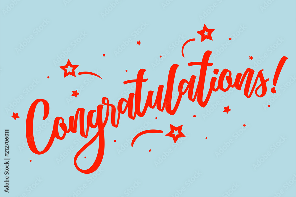 Congratulations, Congrats card. Beautiful greeting scratched calligraphy red text word stars ...