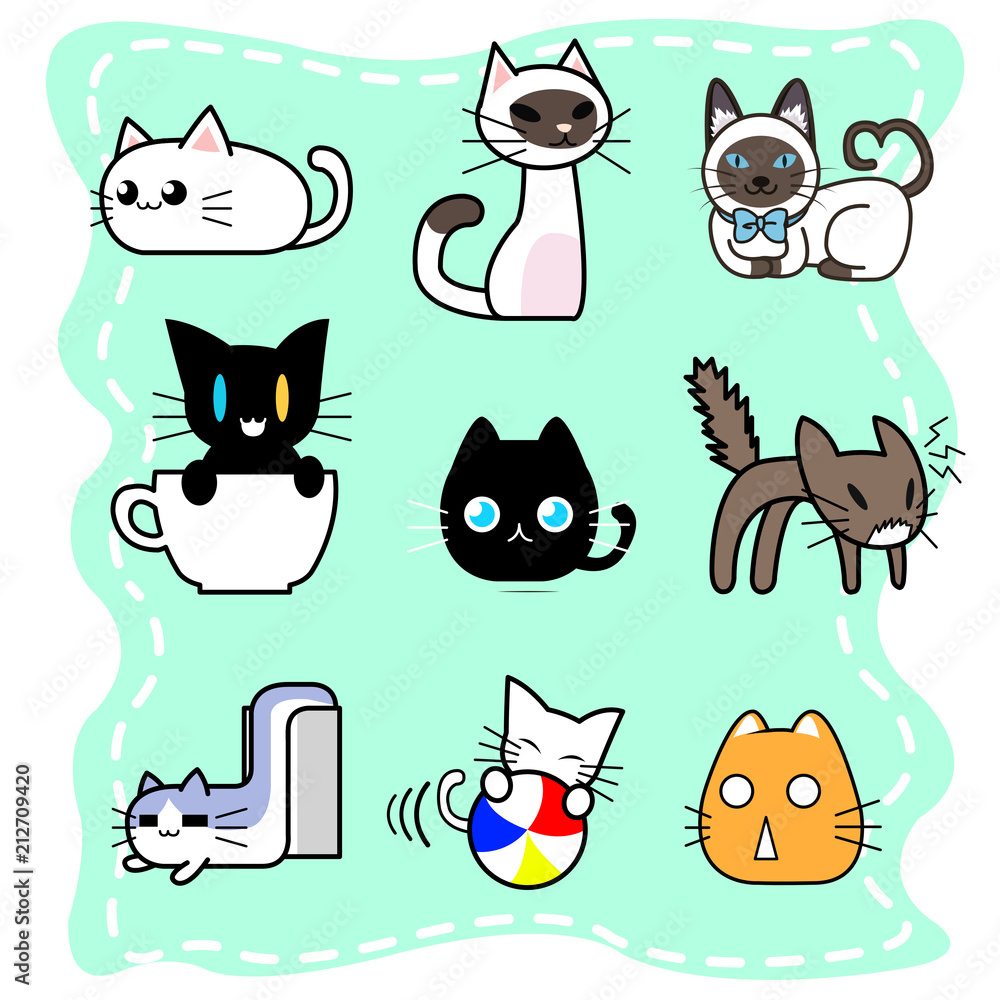 Collection of cute cat cartoon character design in active poses flat ... Collection of cute cat cartoon character design in active poses flat ...