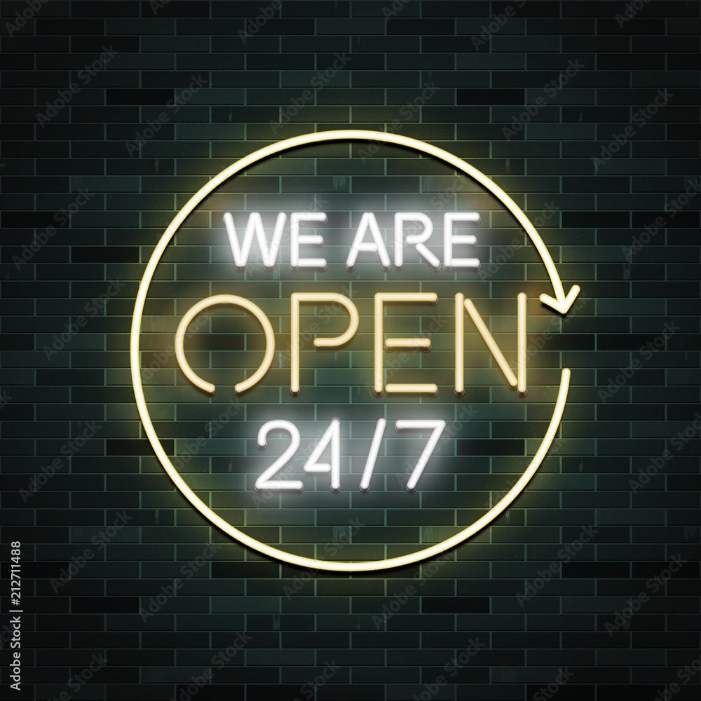 We are open 24/7 neon glowing sign, vector illustration Stock Vector ...