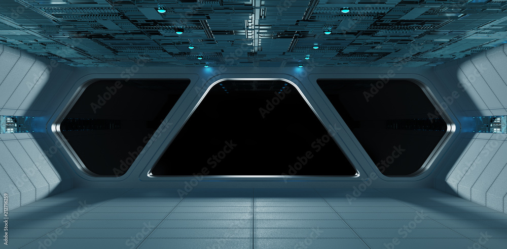 Spaceship futuristic grey blue interior window view Stock Illustration ...