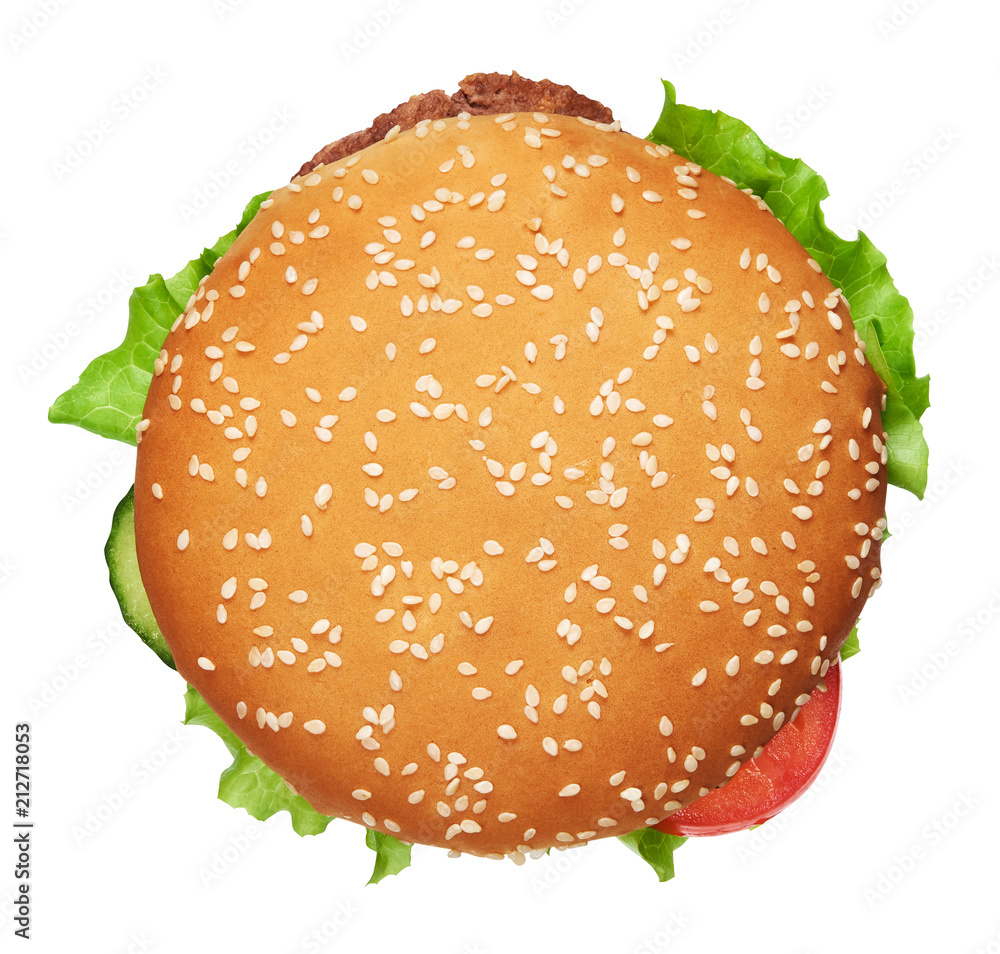 tasty burger isolated. Clipping path included. Top view Stock Photo ...