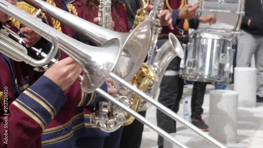 Close of various intruments being played by a marching band Stock Video ...