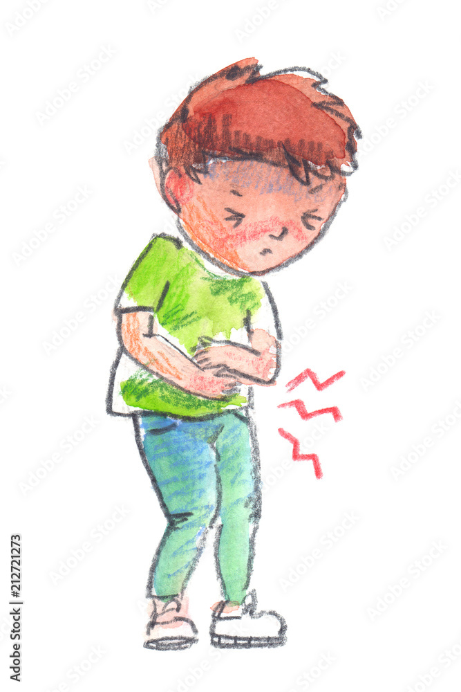 Cute cartoon child suffering from stomach ache. Illustration painted in ...
