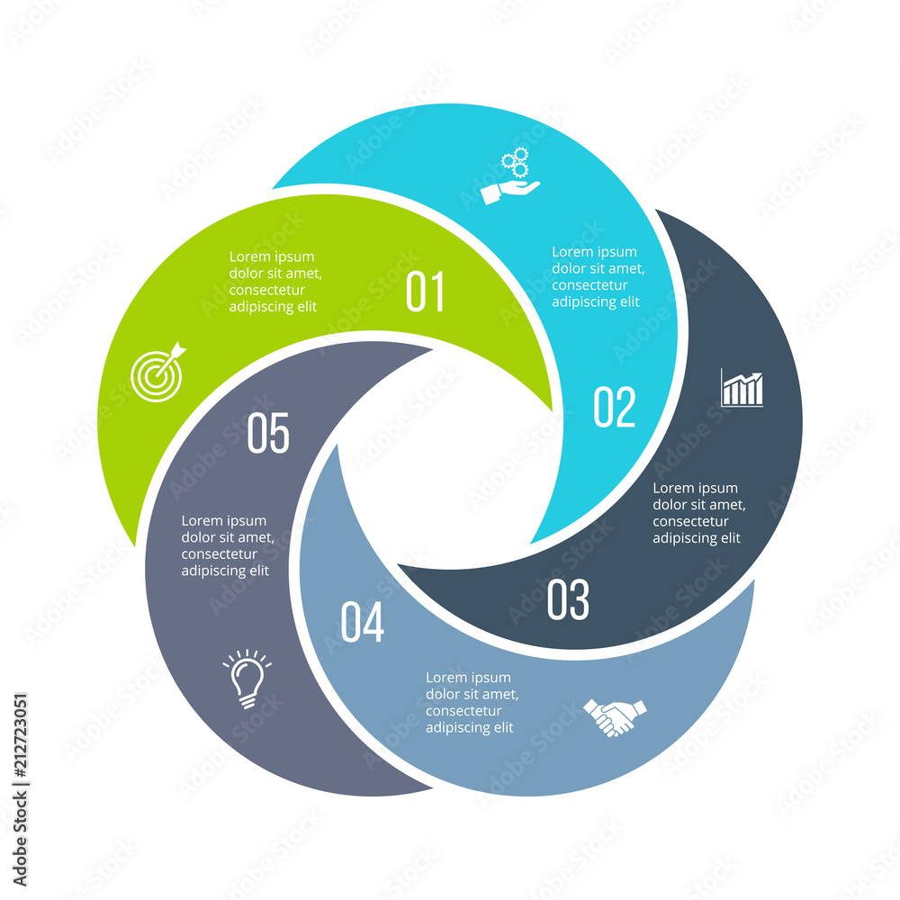 Twisted diagram divided into 5 parts, steps or options. Vector flat ...