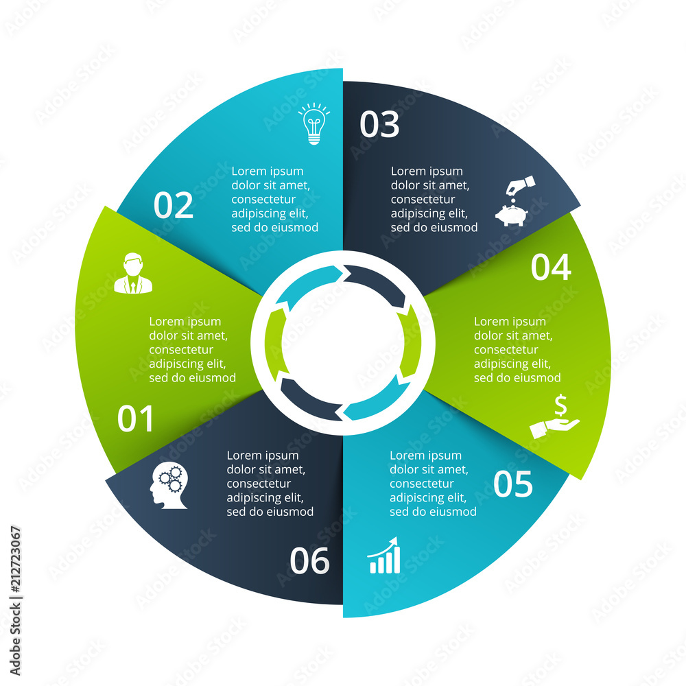 Circle diagram divided into 6 parts, steps or options. Vector origami infographic design ...