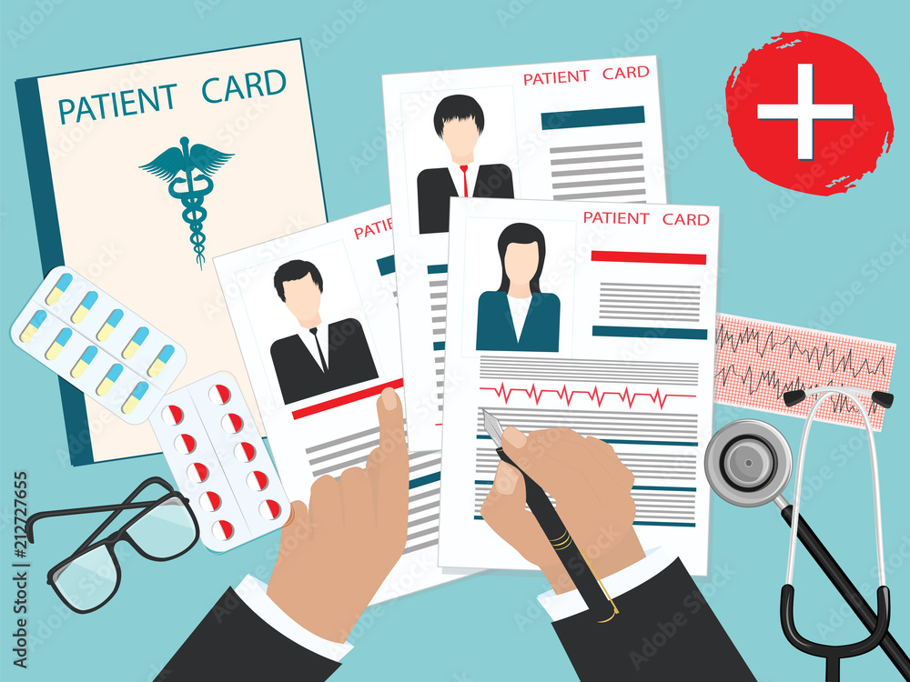 Male hands with a pen - Medical cards of patients with a photo ...