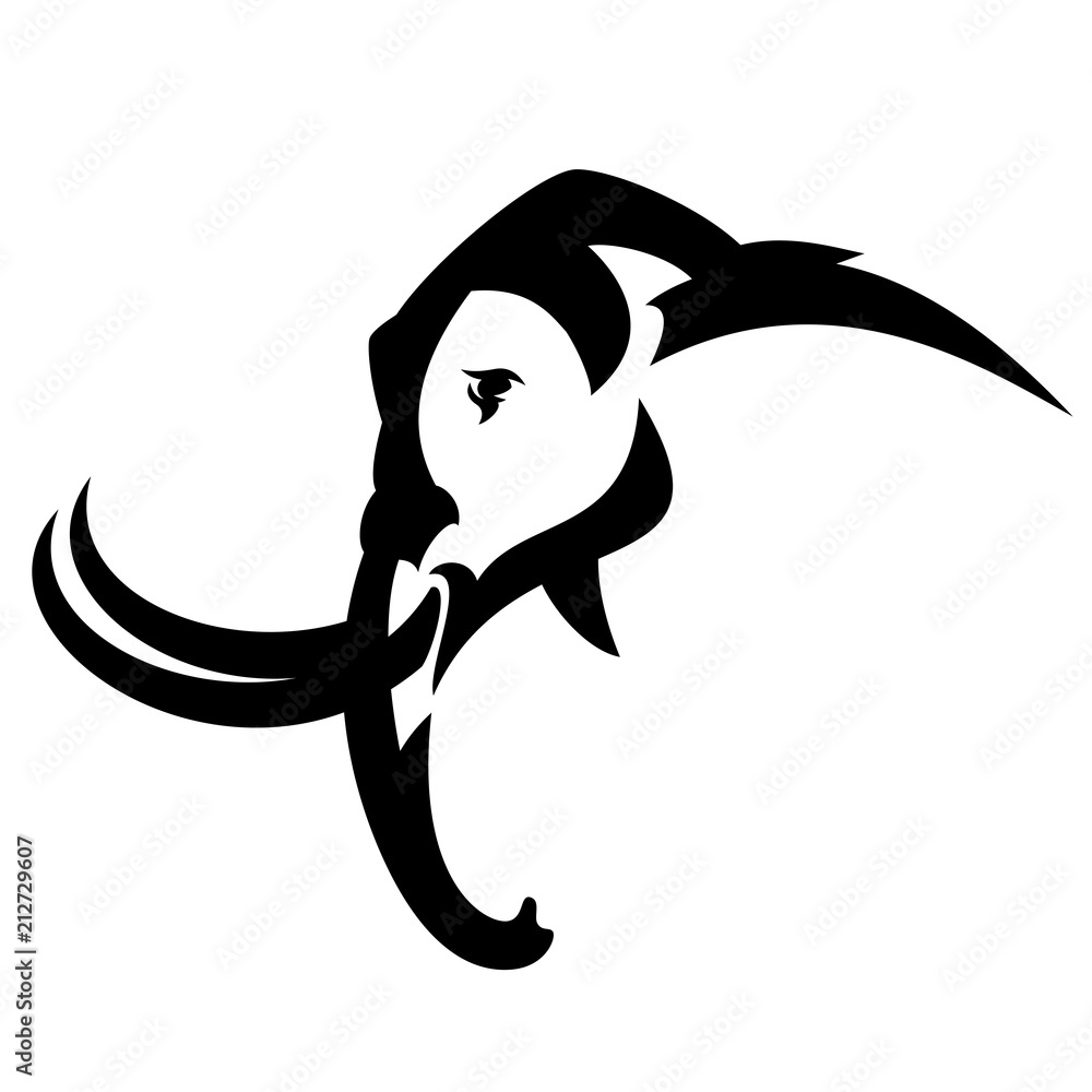 mammoth head black and white vector design - prehistoric animal outline ...