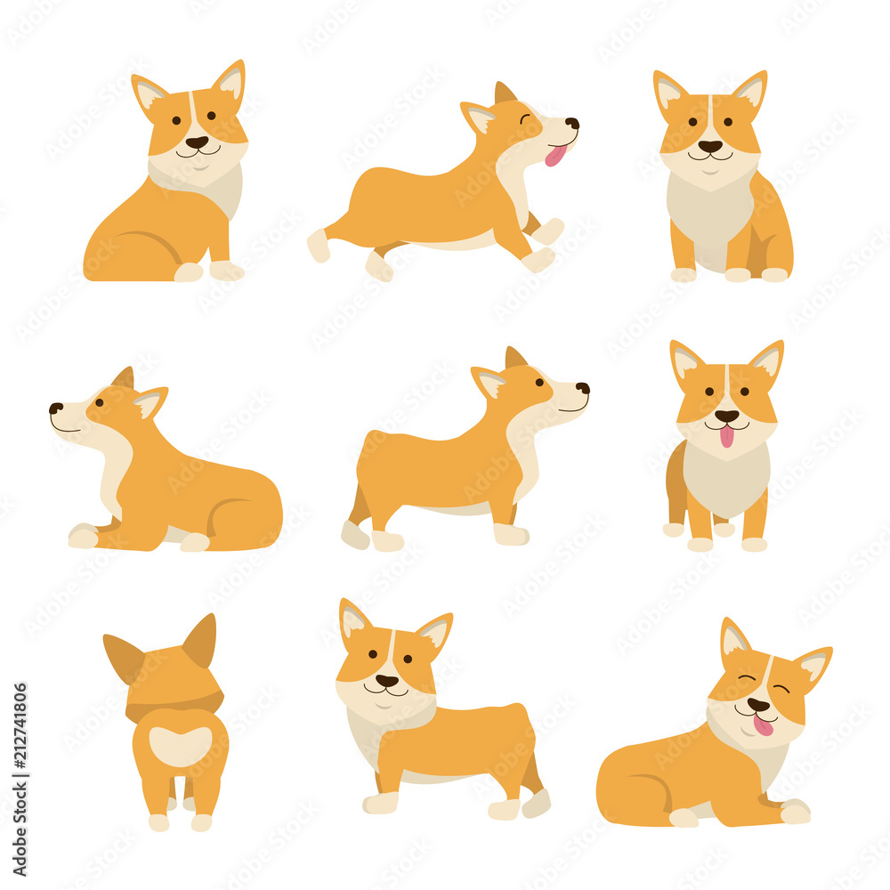 Cartoon Characters Welsh Corgi Set. Vector Stock Vector | Adobe Stock