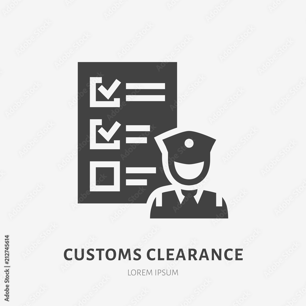 Customs clearance flat glyph icon. Policeman inspecting luggage sign ...