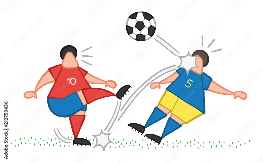 Vector cartoon soccer player man kicking ball and hitting other player ...
