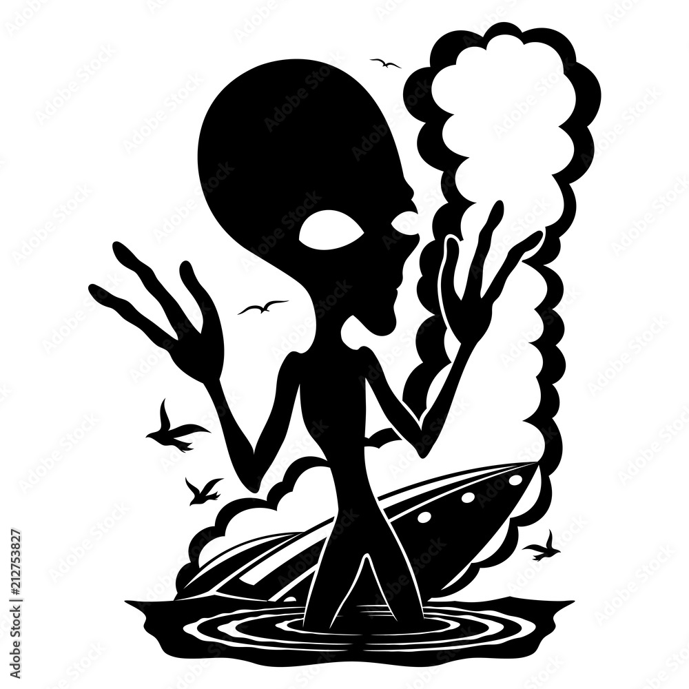 Sign of alien and UFO on white background. Stock Vector | Adobe Stock