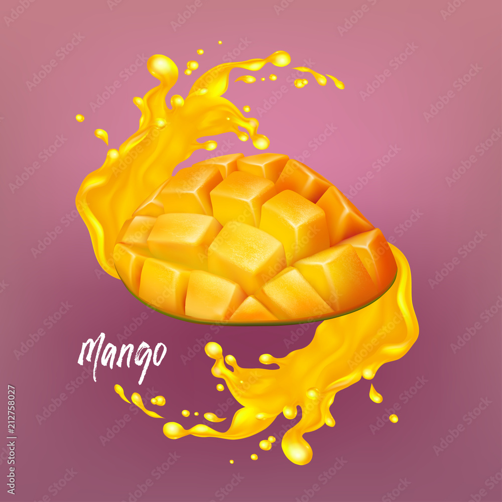 Mango juice with ripe fruits. Sliced mango cubes and juice splash ...